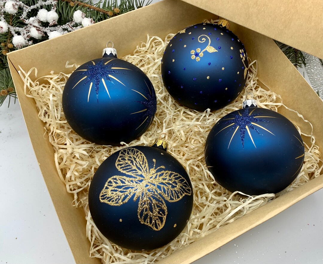 Christmas Set of 4 Big Blue Glass Balls With Gifted Box, Crafted Glass ...