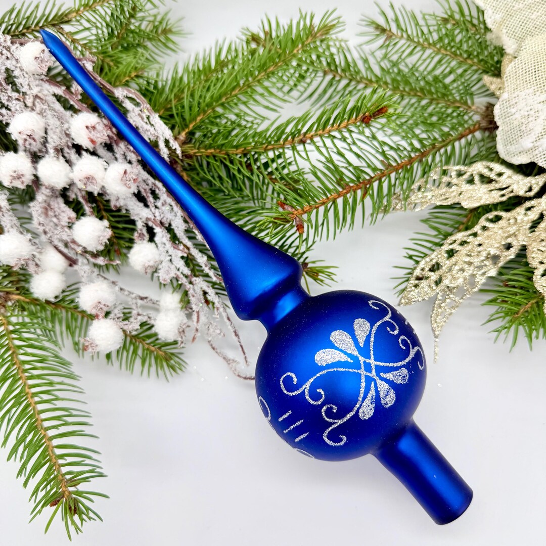 Blue Vintage Christmas Glass Tree Topper 9'', Stained Glass Tree Topper ...