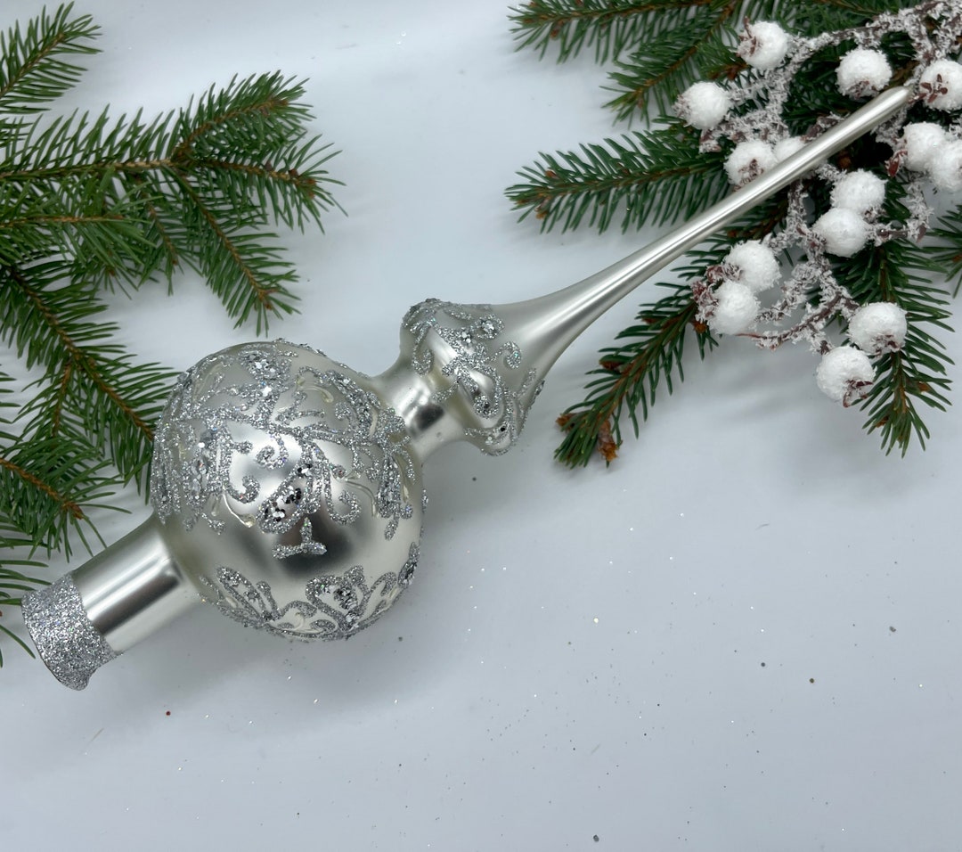 Silver Glitter Christmas Glass Tree Topper 10 Inches, Tree Topper ...