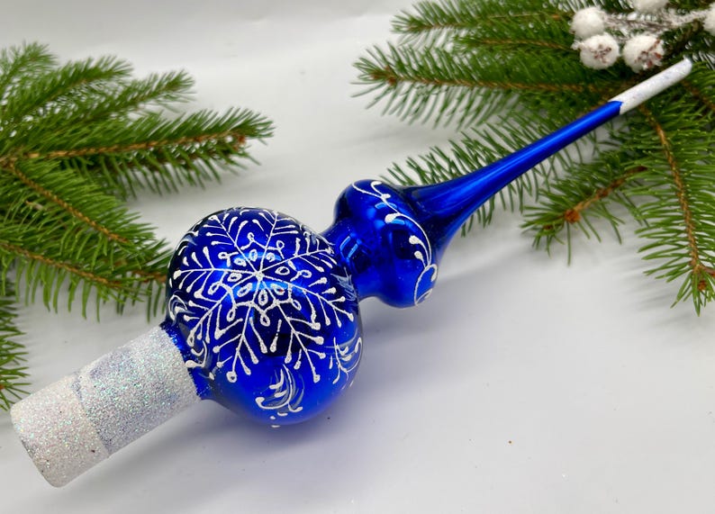 Blue With White Christmas Glass Tree Topper 9 Inches, Tree Topper ...