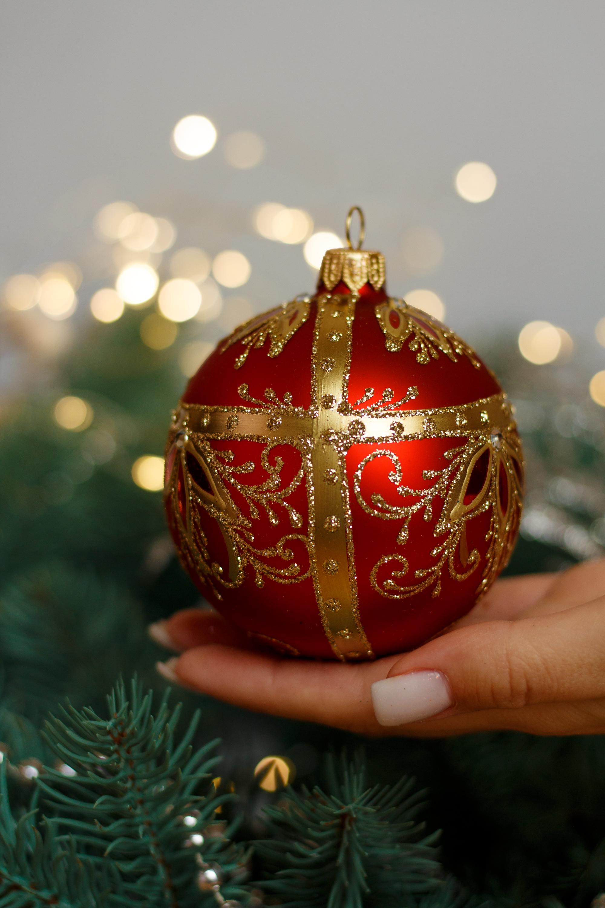 Red With Pattern Christmas Glass Ball, Glitter Xmas Ornaments, Blown ...