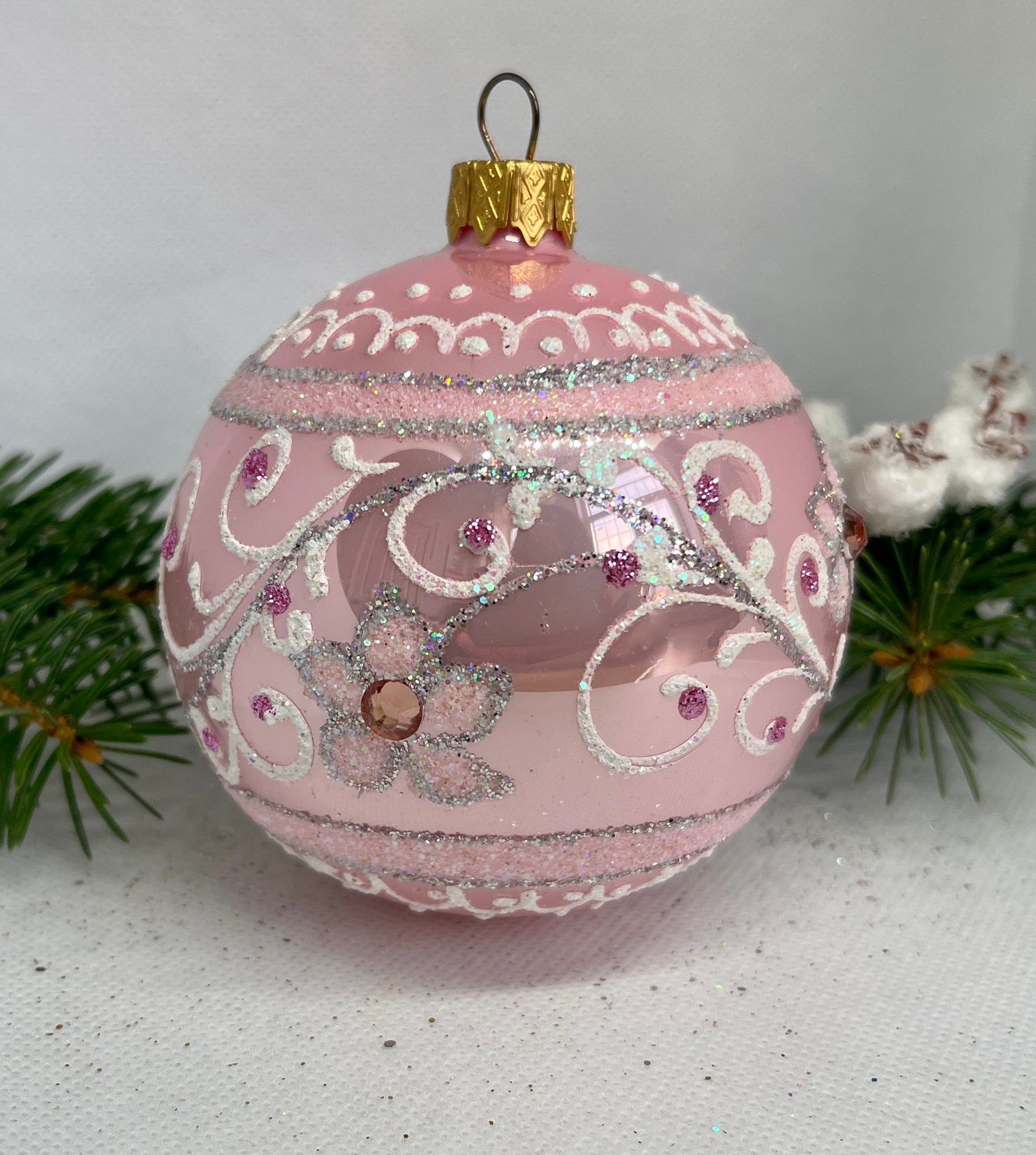 Pink Christmas Glass Ball, Glitter Xmas Ornaments, Blown Glass ...