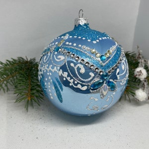 Big 4'' Blue Christmas Glass Ball, Glitter Xmas Ornaments, Blown Glass ...