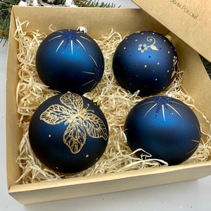 Christmas Set of 4 Big Blue Glass Balls With Gifted Box, Crafted Glass ...