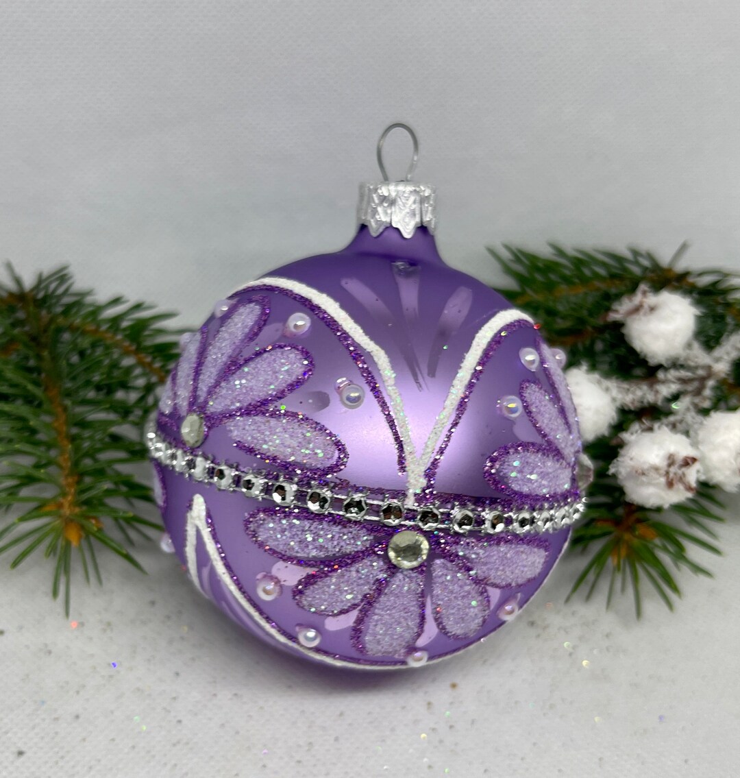 Lilac Christmas Glass Ball, Glitter Xmas Ornaments, Blown Glass ...