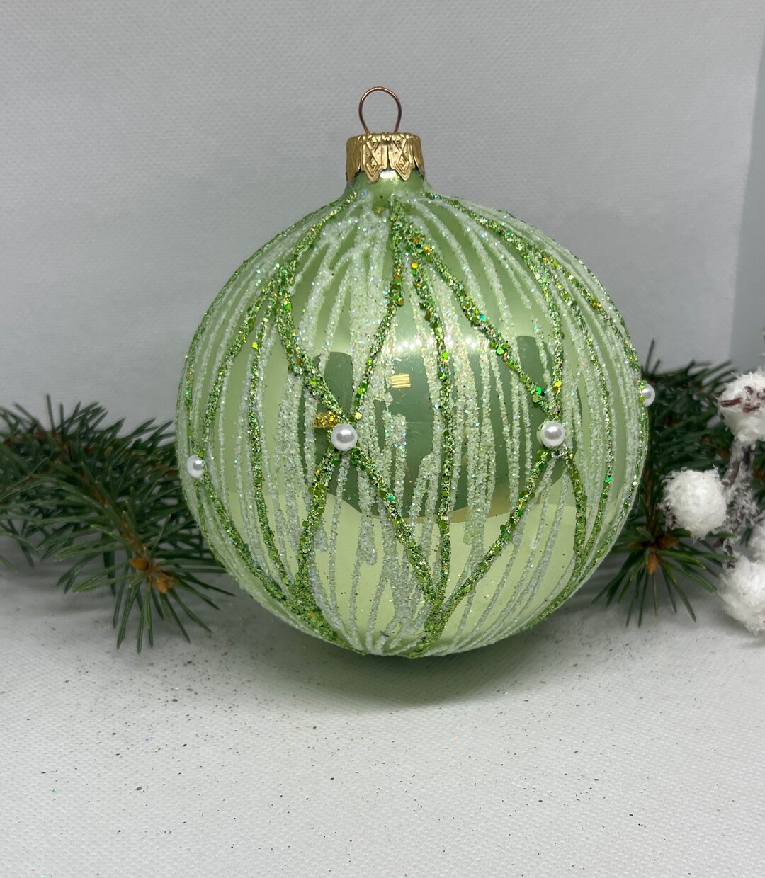 Big 4'' Green Christmas Glass Ball, Glitter Xmas Ornaments, Blown Glass ...