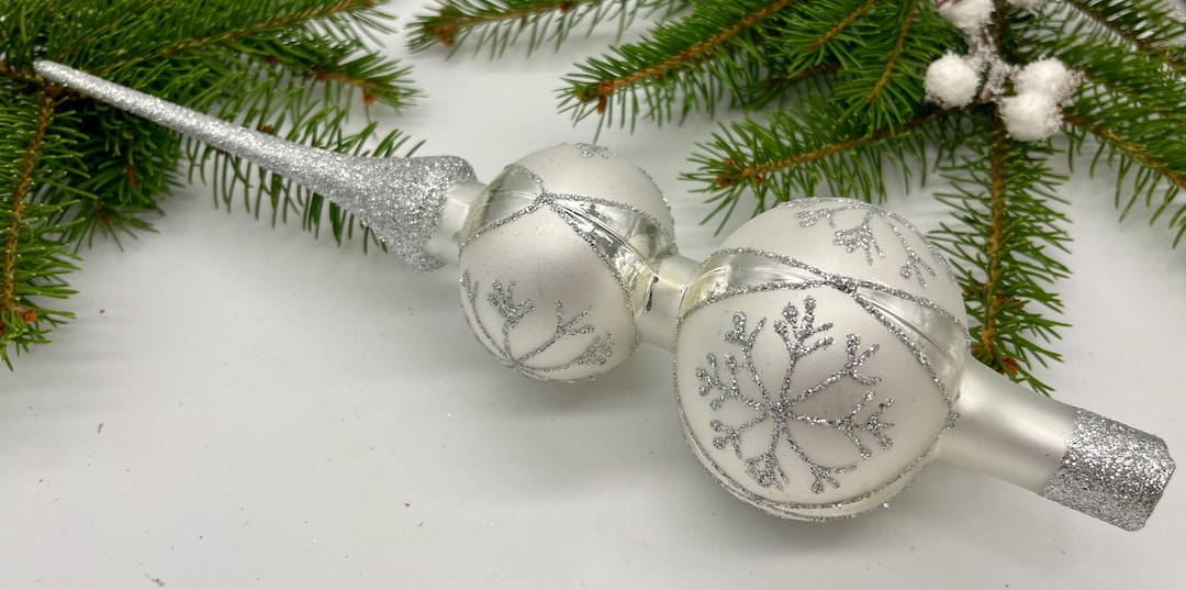 White With Silver Christmas Glass Tree Topper 10 Inches, Tree Topper ...