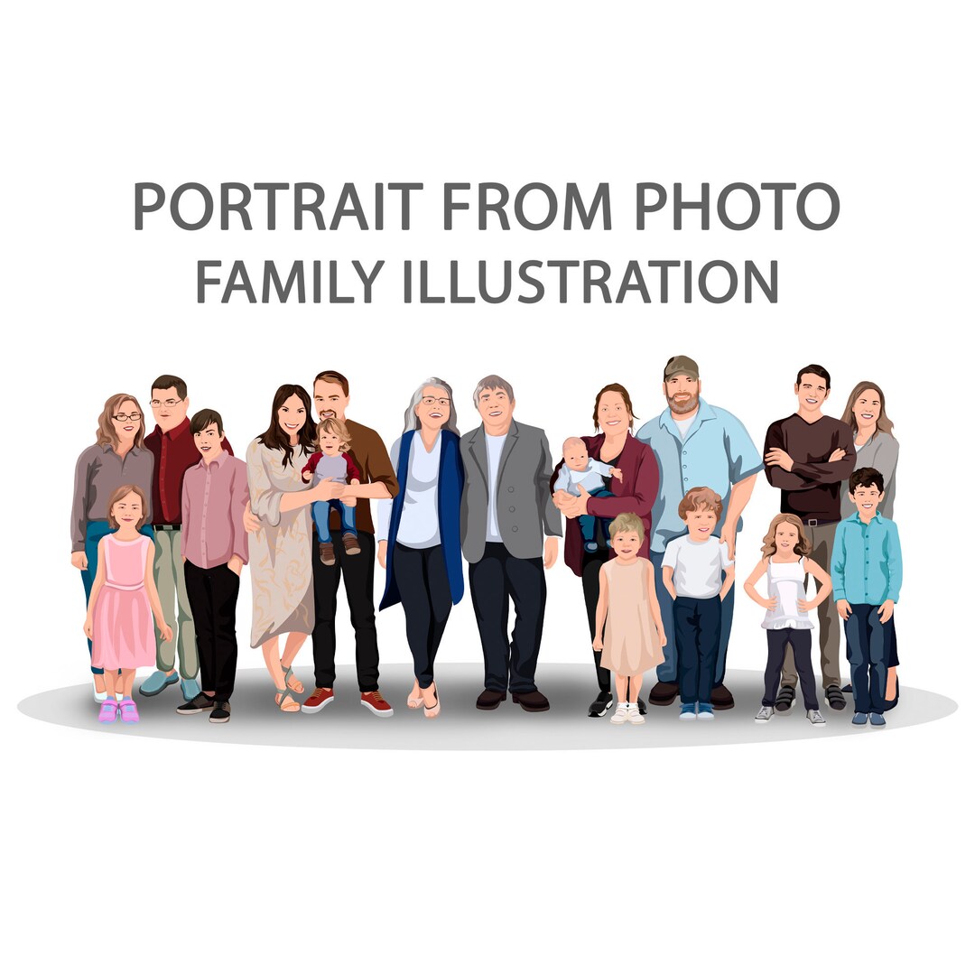 Family Illustration - Extended Family Portrait Wedding Anniversary Gift ...