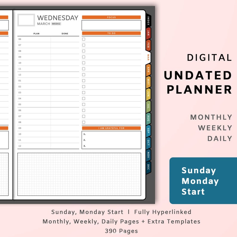 Digital Undated Planner Monday Start and Sunday Start - Etsy