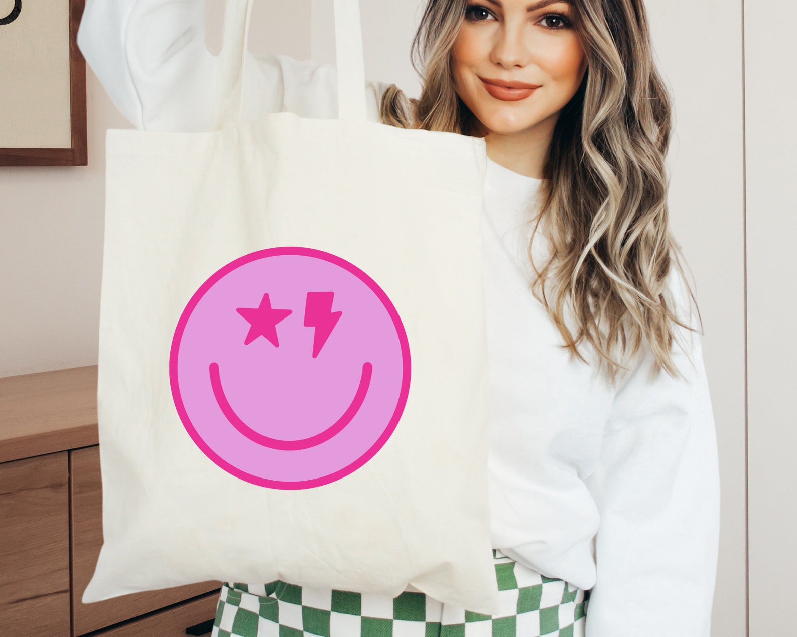 Preppy Smiley Face Bag Pink Smiley Face College Tote Bag - Etsy