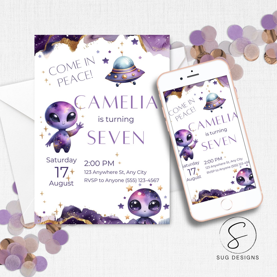 Galactic Alien Birthday Invitation Template | Purple & Pink With Gold ...