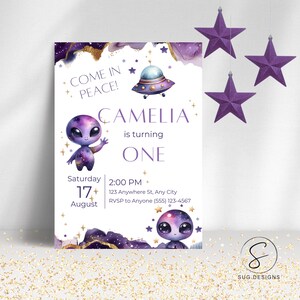 Galactic Alien Birthday Invitation Template | Purple & Pink With Gold ...