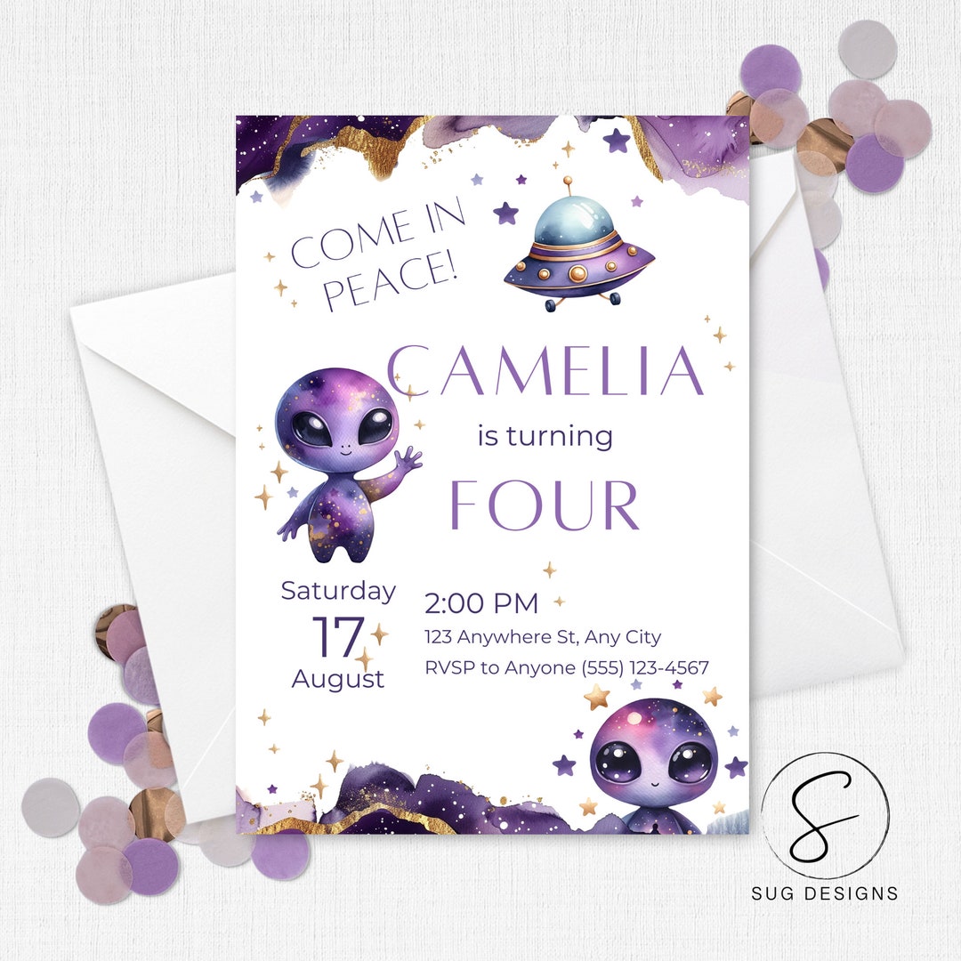 Galactic Alien Birthday Invitation Template | Purple & Pink With Gold ...