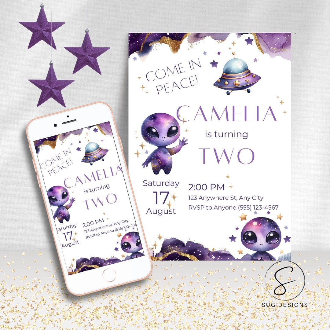 Galactic Alien Birthday Invitation Template | Purple & Pink With Gold ...