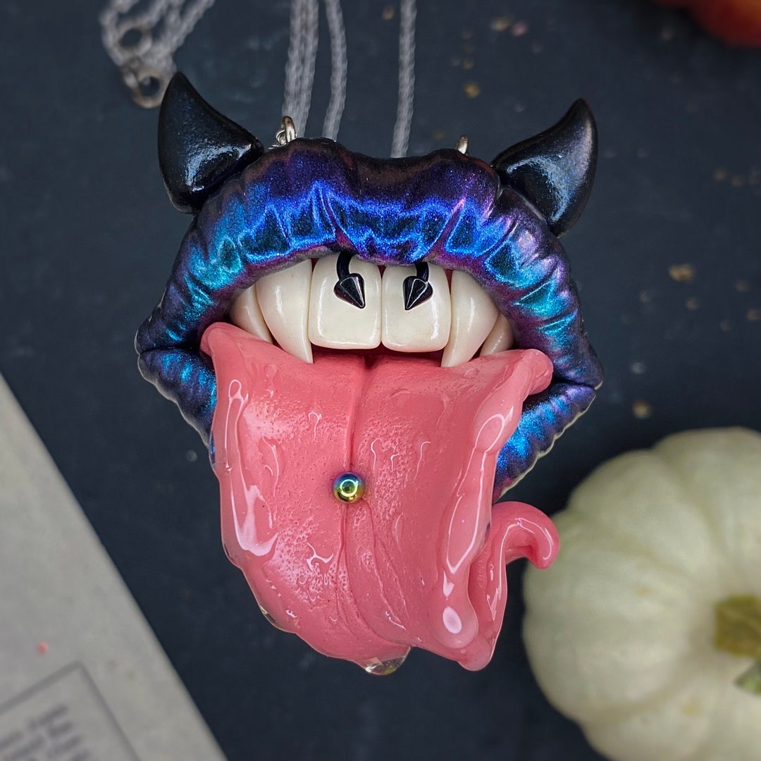 Lips Necklace Y2k Blue Handmade Devil Hot Brooch Piercing Gothic Punk ...