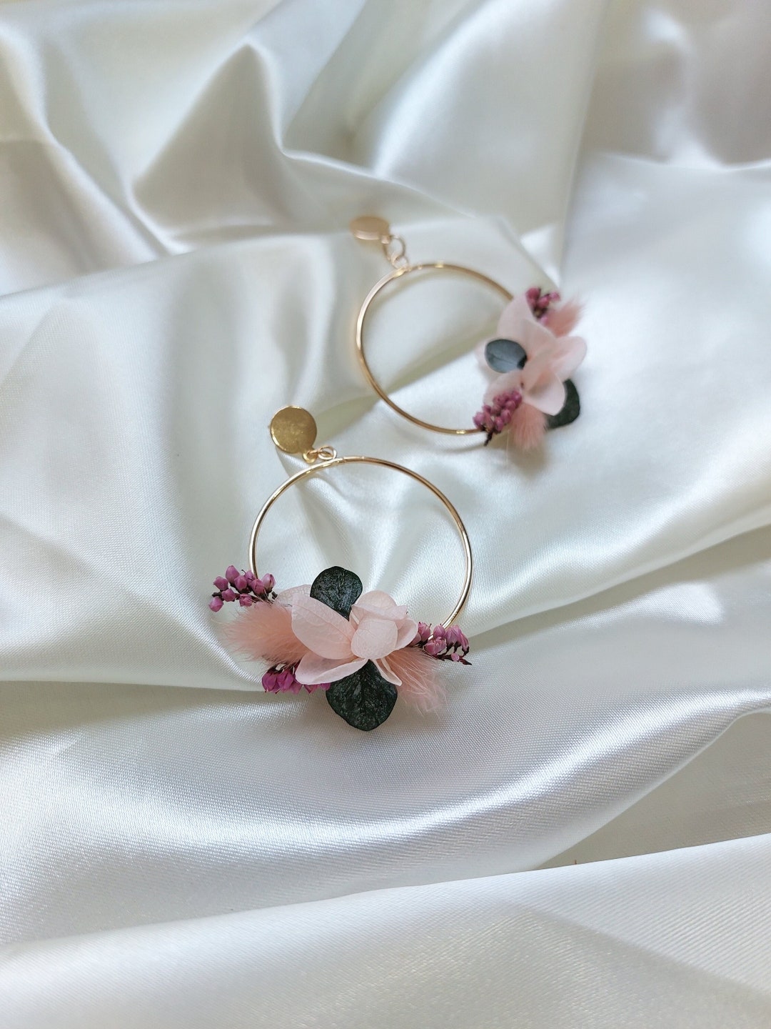Boucles D'oreilles Bonnie Rose Et Vert En Fleurs Sèchées Et Stabilisées ...