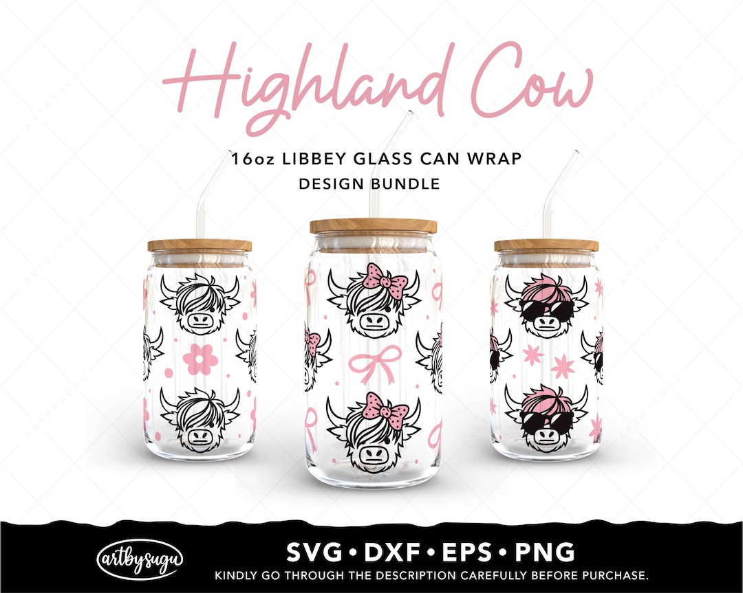 Highland Cow Bows Libbey Can Wrap Svg Bundle, Libby Glass Can Dxf, Gift for Her, Beer Can Glass ...