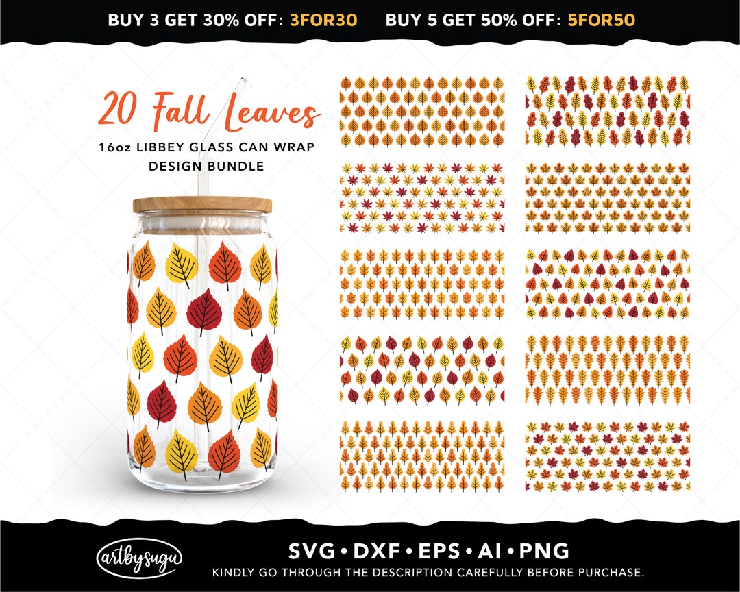 Fall Leaves Libbey Glass Wrap Svg Bundle, Fall Glass Can Wrap Svg, 16oz ...