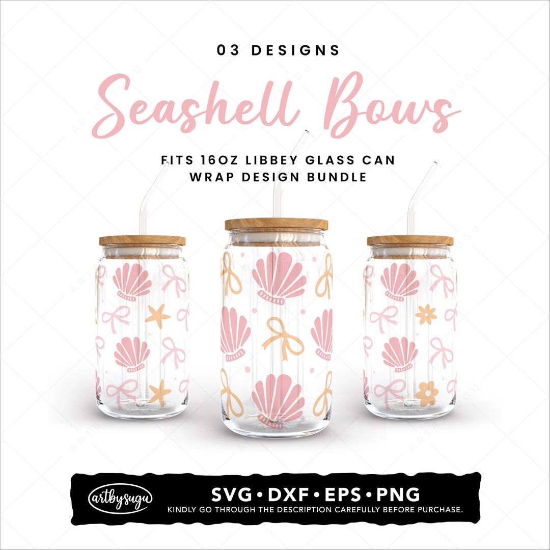 Seashell Bows 16oz Glass Can Wrap SVG, Beach Tumbler Wrap PNG, Fits ...