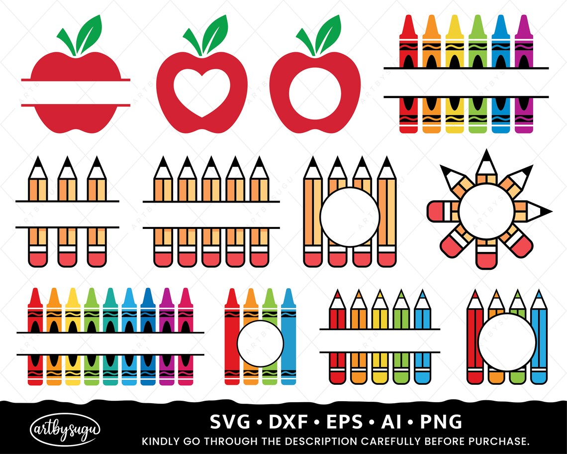Pencil Crayon Apple Split Monogram SVG School SVG Bundle | Etsy