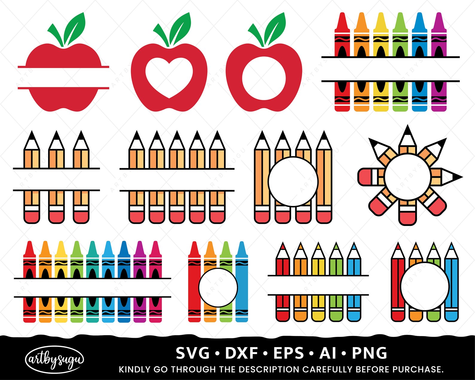 Pencil Crayon Apple Split Monogram SVG School SVG Bundle - Etsy
