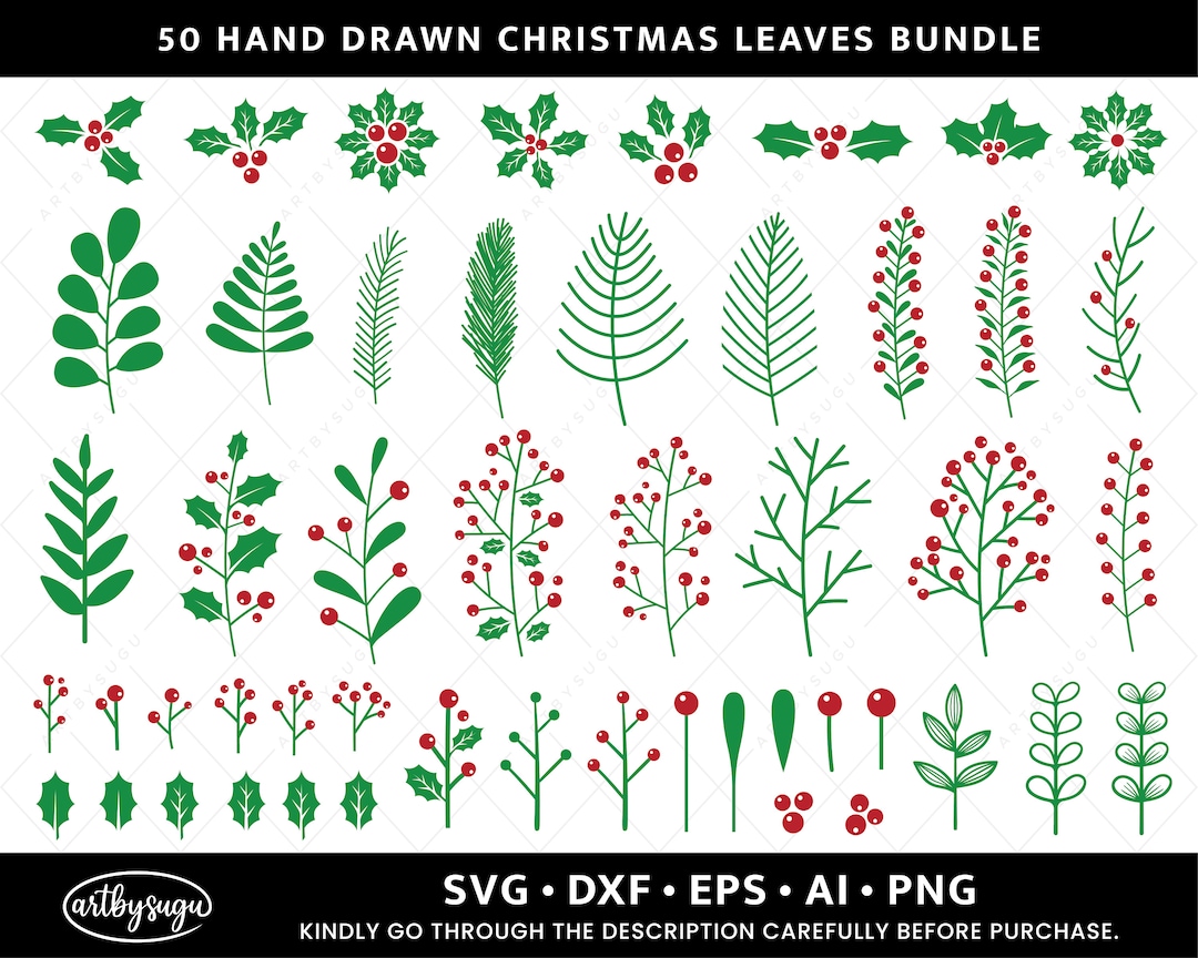 Hand Drawn Christmas Leaves Svg Bundle, Christmas Holly Svg, Holly Svg ...
