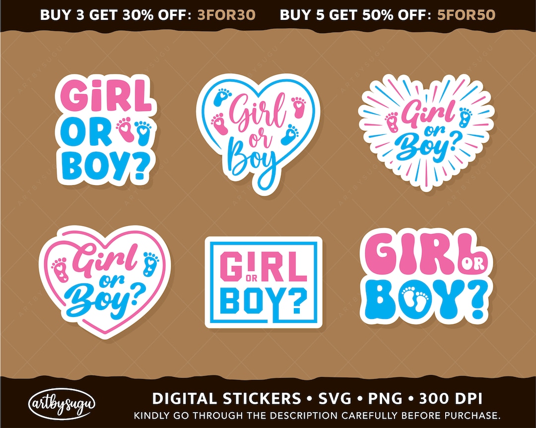 Boy or Girl Stickers Png, Gender Reveal Stickers, Pink or Blue Stickers ...