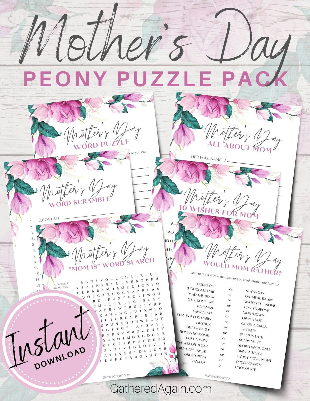 Mother's Day Puzzle Pack | Floral | Peony Roses | Gifts for Mom ...