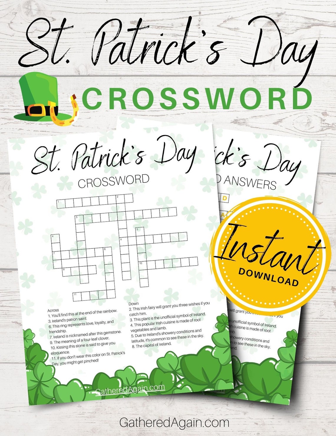 St. Patrick's Day Crossword Puzzle printable Instant - Etsy