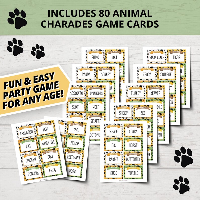 Animal Charades Game | Printable Animal Charades Cards | Charades Words ...