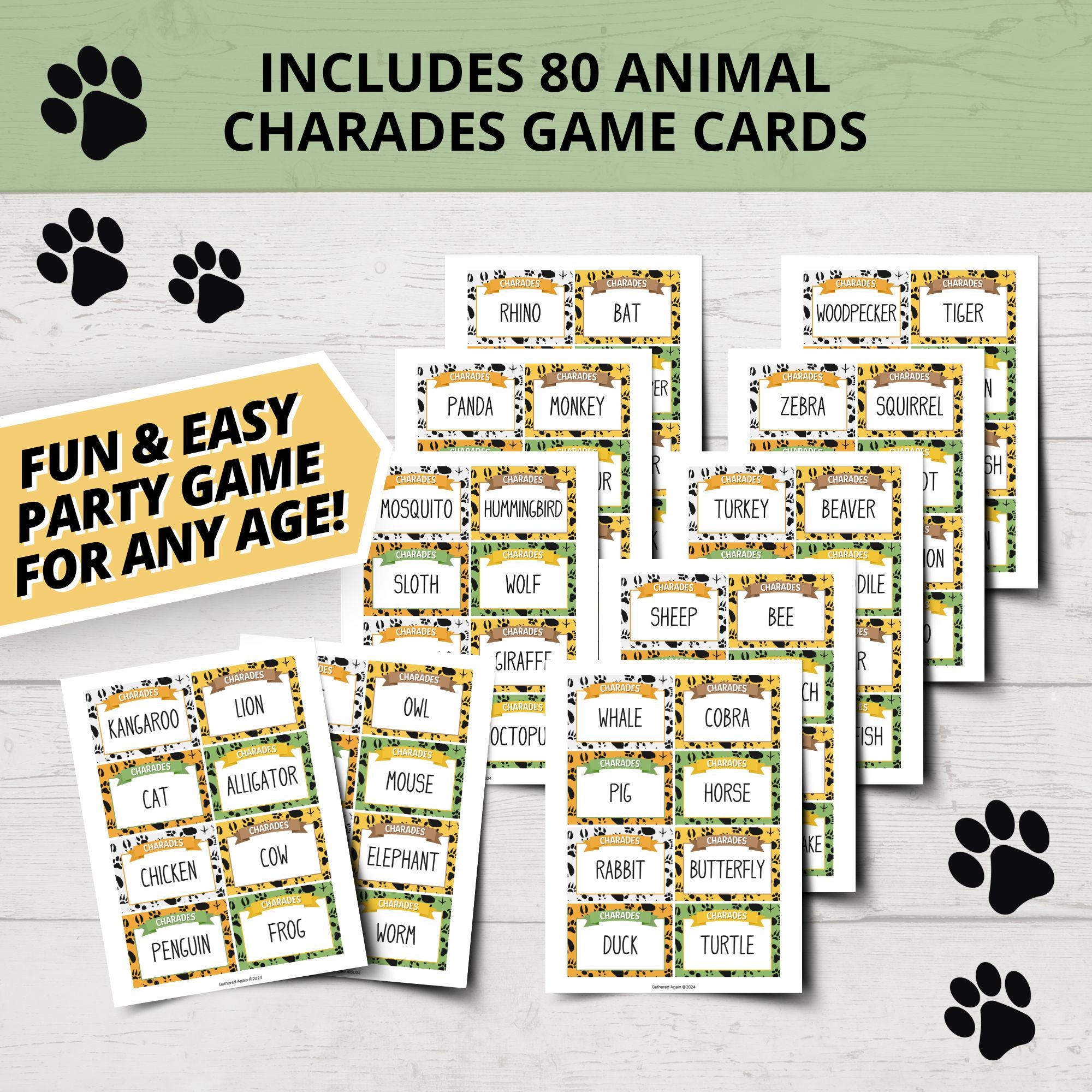 Animal Charades Game | Printable Animal Charades Cards | Charades Words ...