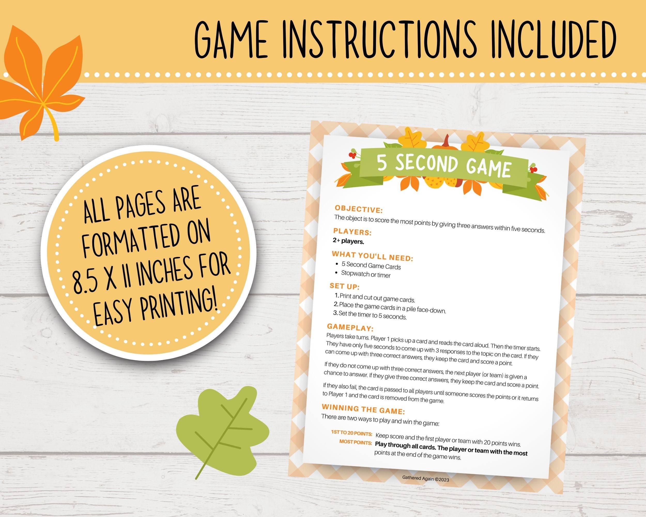 Thanksgiving 5 Second Game Printable Thanksgiving Party Games Funny ...