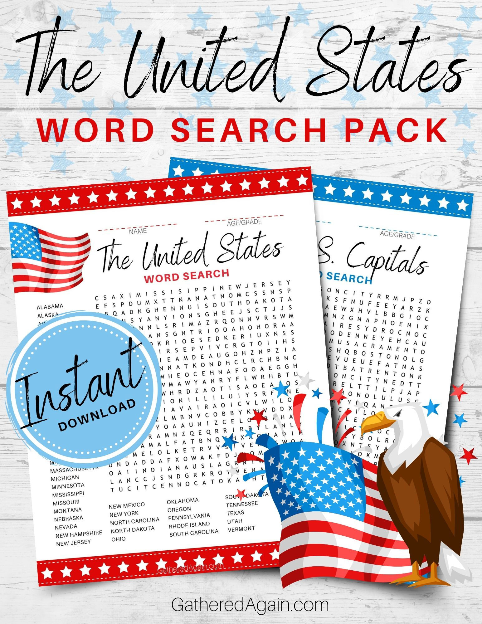 The United States and Capitals Word Search Pack for Kids Homeschool ...