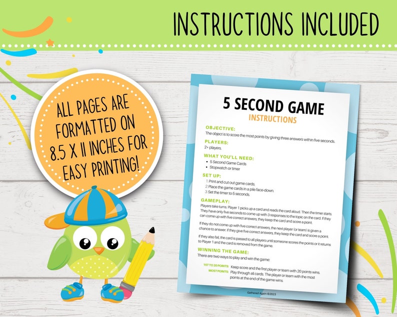 Printable 5 Second Game for Kids Kid-edition 5 Second Game - Etsy