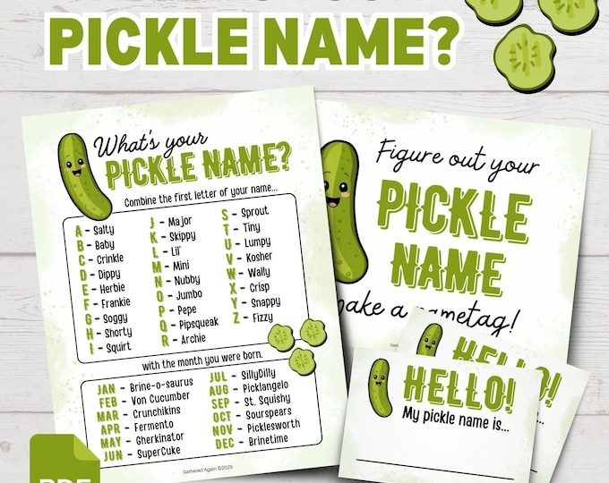 What's Your Pickle Name Game + Name Tags, Pickle Themed Party Activity ...