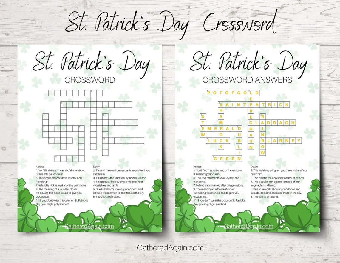 St. Patrick's Day Crossword Puzzle Printable Instant | Etsy