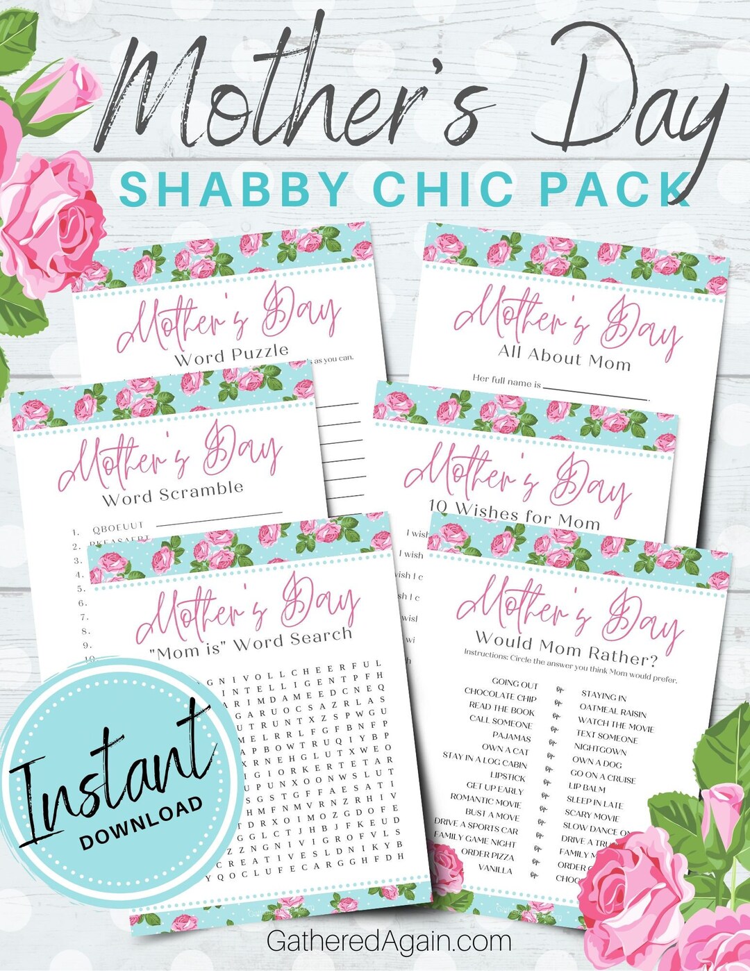 Mother's Day Puzzle and Activity Pack, Floral Shabby Chic Roses ...