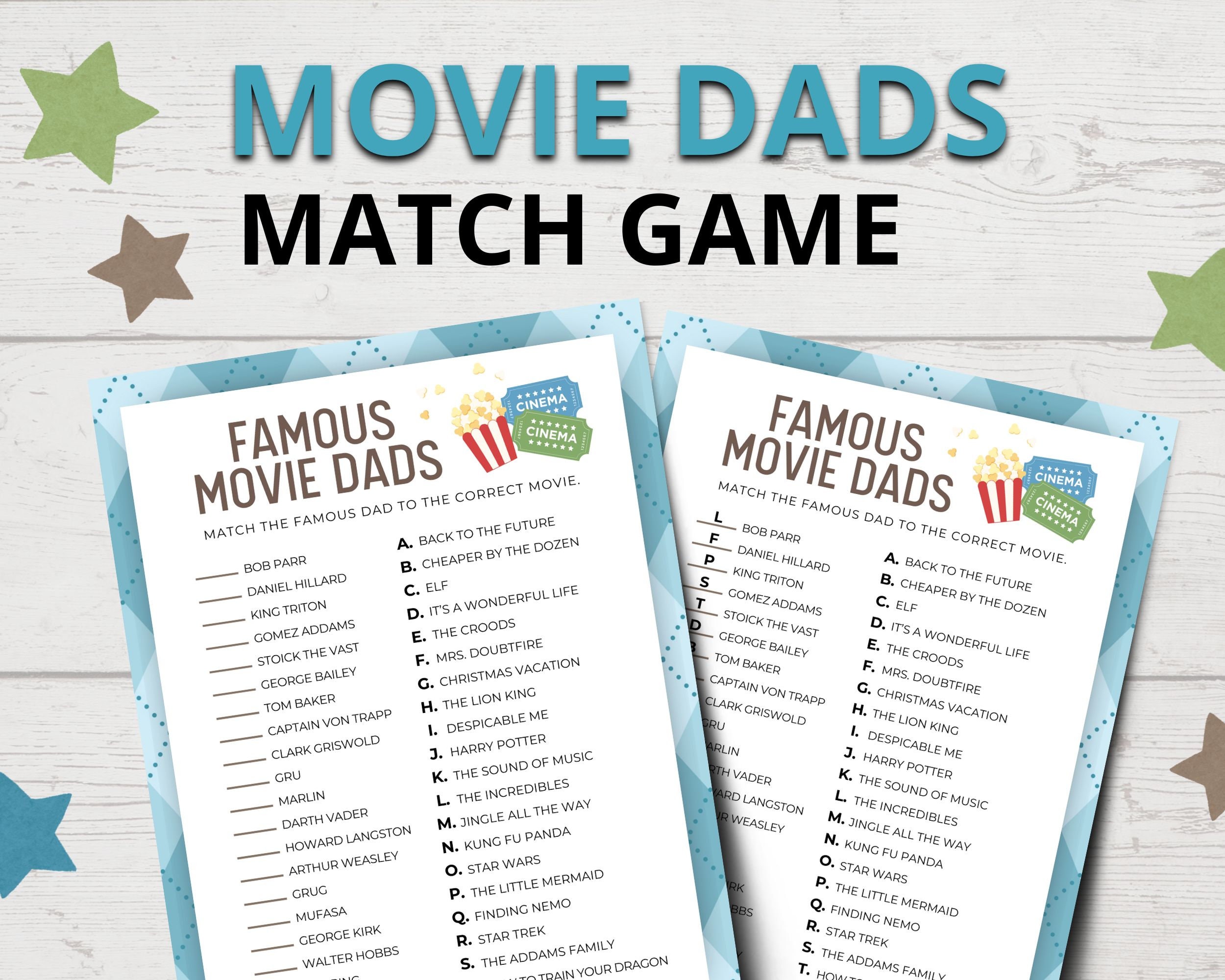 Famous Movie Dads Match Game - Printable Father's Day Games - Dad Movie ...