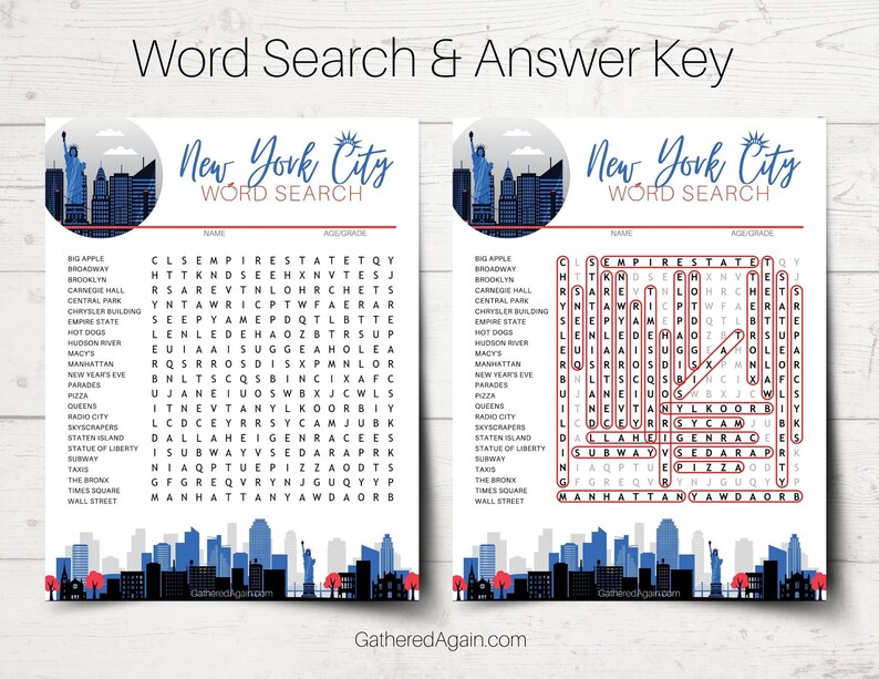 New York City Word Search Puzzle for Kids, Homeschool Lesson, Teacher ...