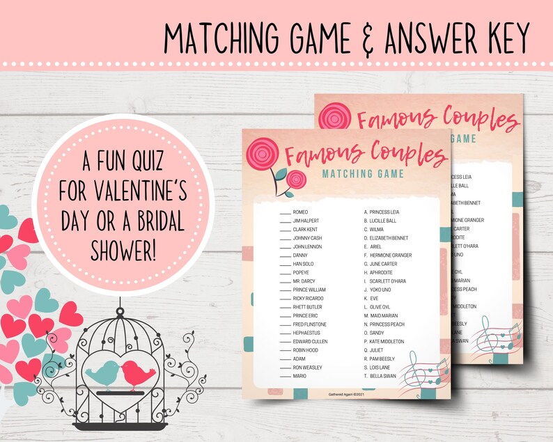 Famous Couples Matching Game | Bridal Shower Game | Bachelorette Party ...