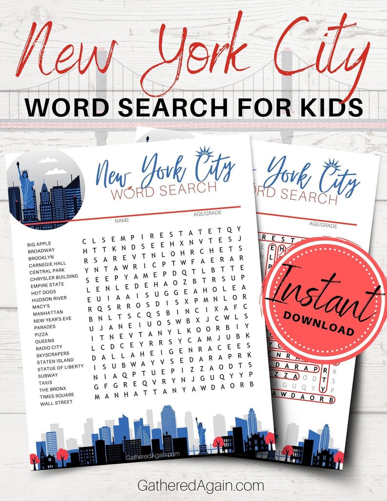 New York City Word Search Puzzle for Kids, Homeschool Lesson, Teacher ...