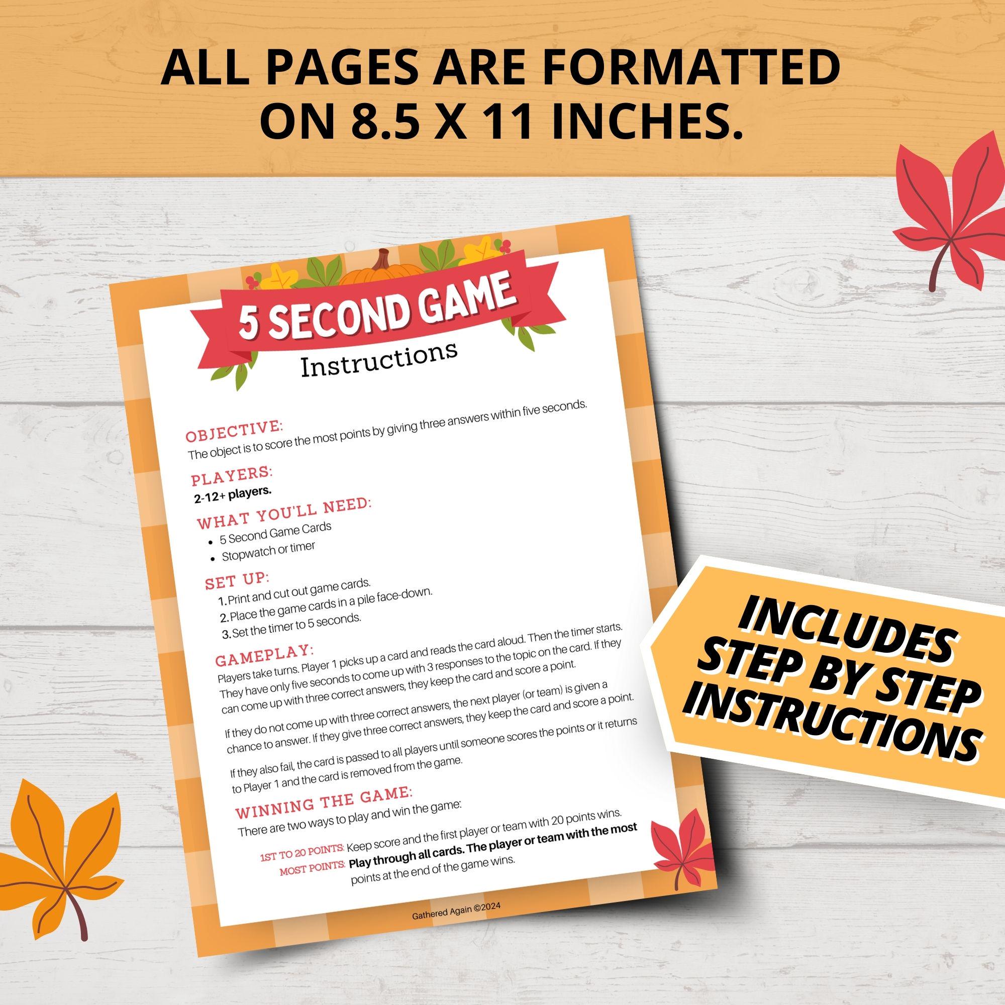Thanksgiving 5 Second Game Printable Thanksgiving Party Games Funny ...
