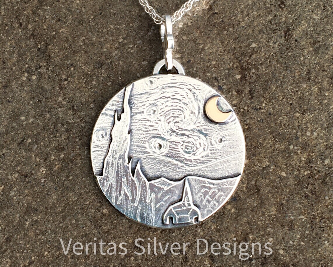 Starry Night Sterling Silver Pendant Necklace with 14k Gold | Etsy