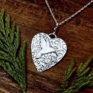 Hummingbird Necklace, Sterling Silver Heart Pendant, Unique Handmade ...