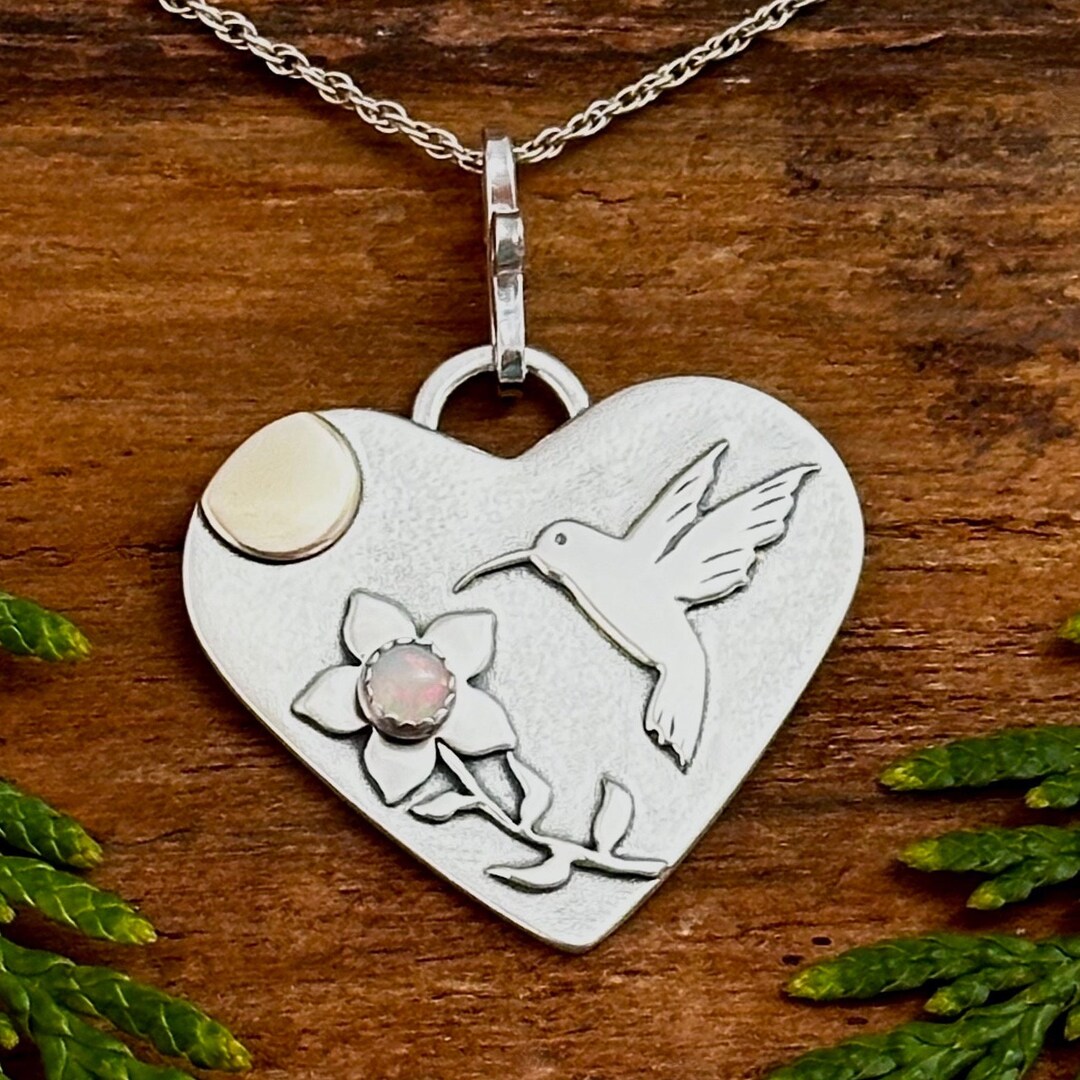 Hummingbird Necklace, Sterling Silver Heart Pendant, Opal Stone, Unique ...