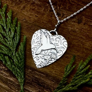 Hummingbird Necklace, Sterling Silver Heart Pendant, Unique Handmade ...