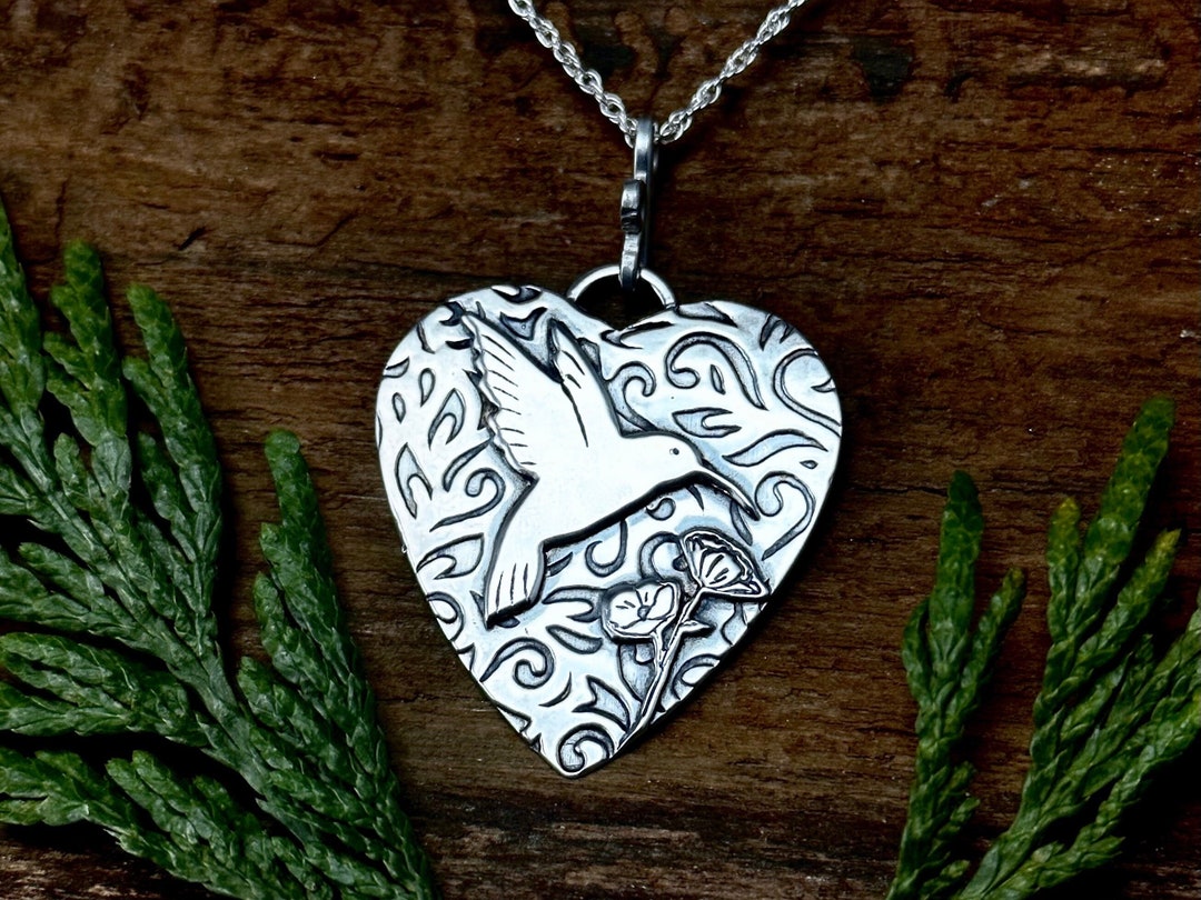 Hummingbird Necklace, Sterling Silver Heart Pendant, Unique Handmade ...