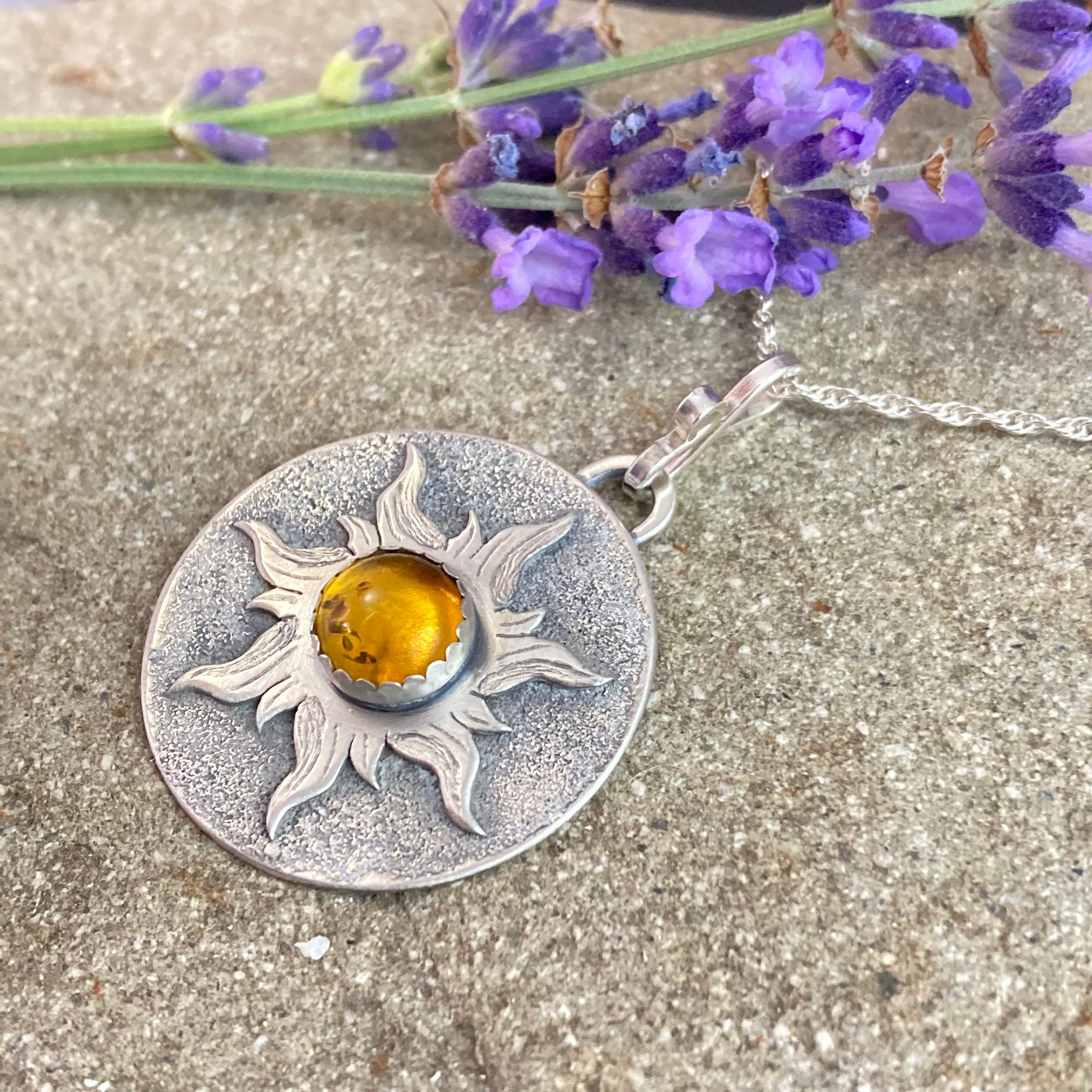 Amber Sun Necklace Sterling Silver Handcut And Engraved Etsy