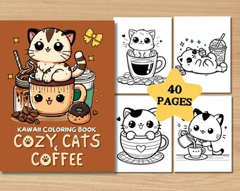 Cozy Cats Kawaii Coloring Book: Adorable Chibi Characters Cute Food ...