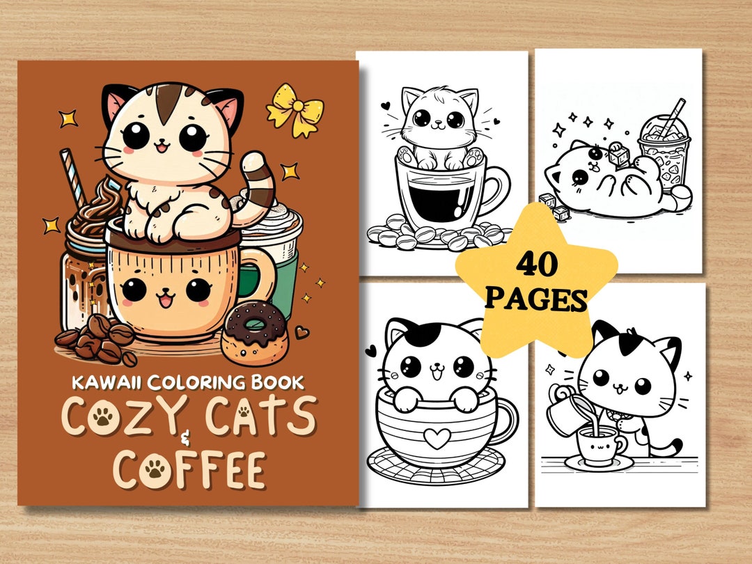 Cozy Cats & Coffee: Kawaii Coloring Book Adorable Chibi Characters Cute ...